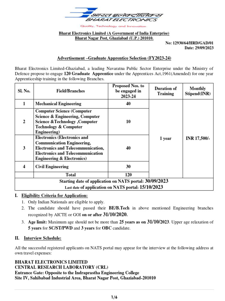 BEL Hiring | PDF | Apprenticeship