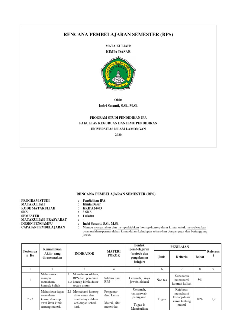 RPS - KIMIA DASAR - Indri Susanti (IPA) 2020 | PDF