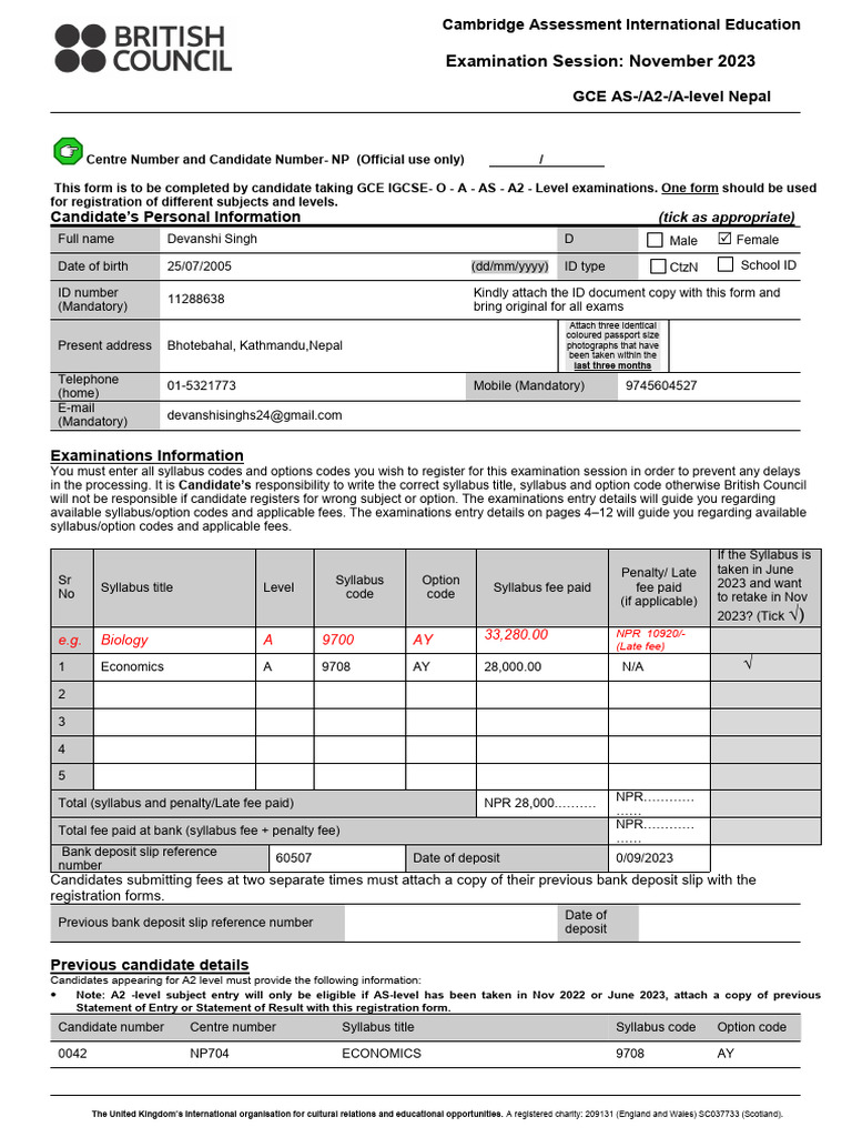 Registration Form of GCE ALevel For Oct - Nov | PDF