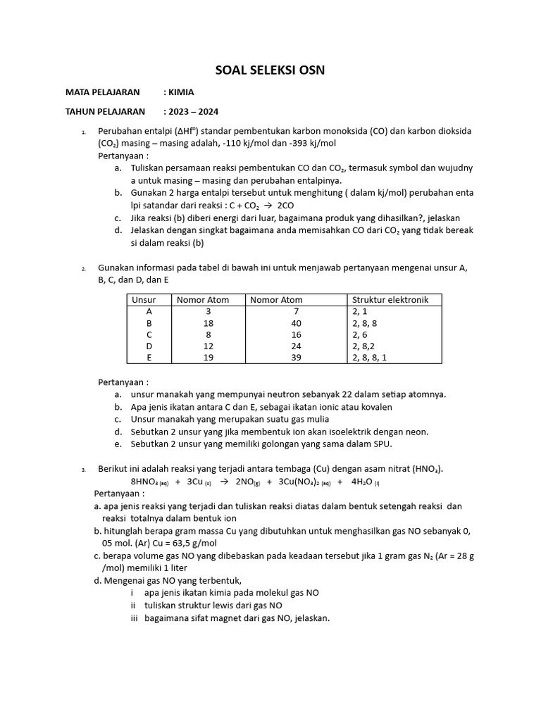 Soal Seleksi OSN Kimia | PDF