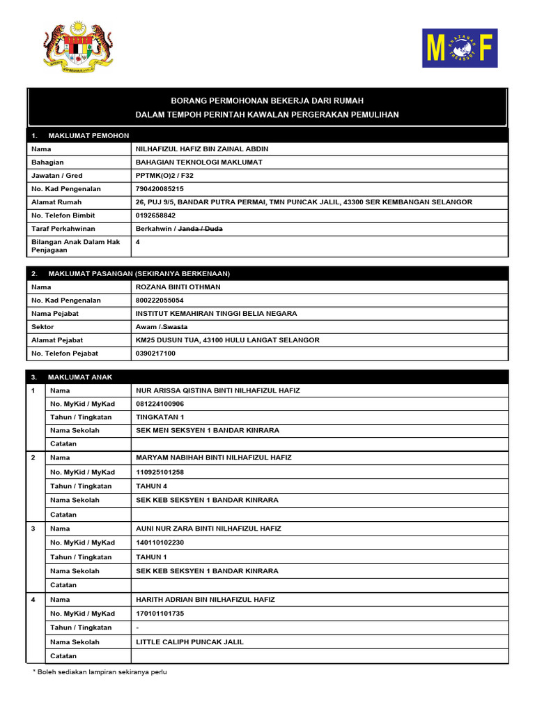 Borang Permohonan Bekerja Dari Rumah (BDR) V2.0 | PDF