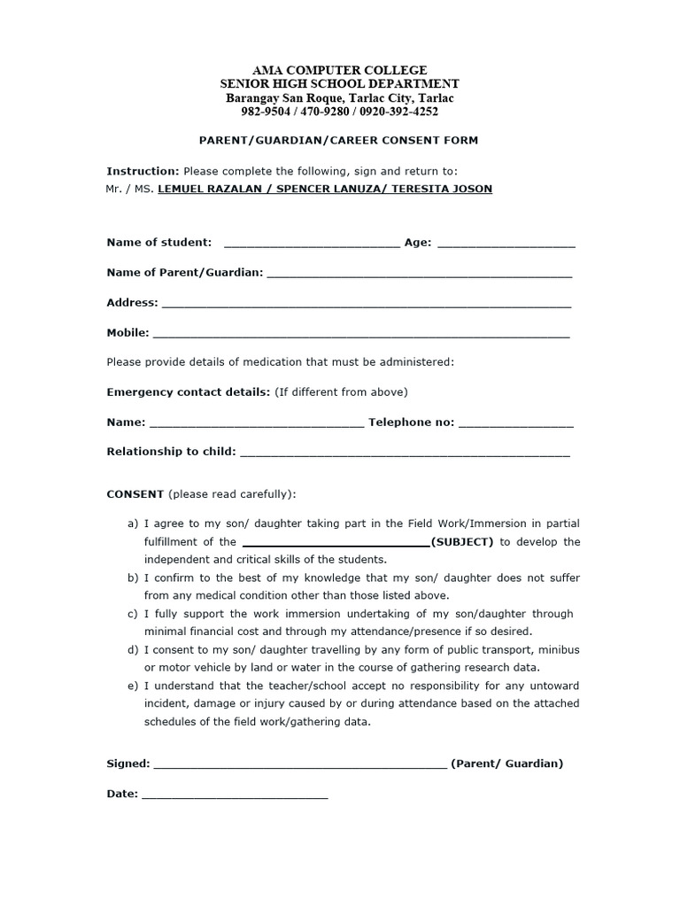 Parent Consent Form for Student Immersion | PDF