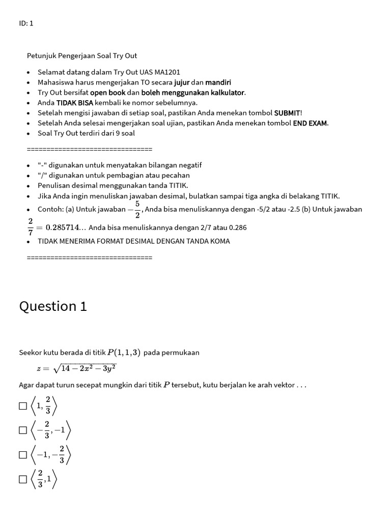 Contoh Soal Try Out UAS MA1201 | PDF