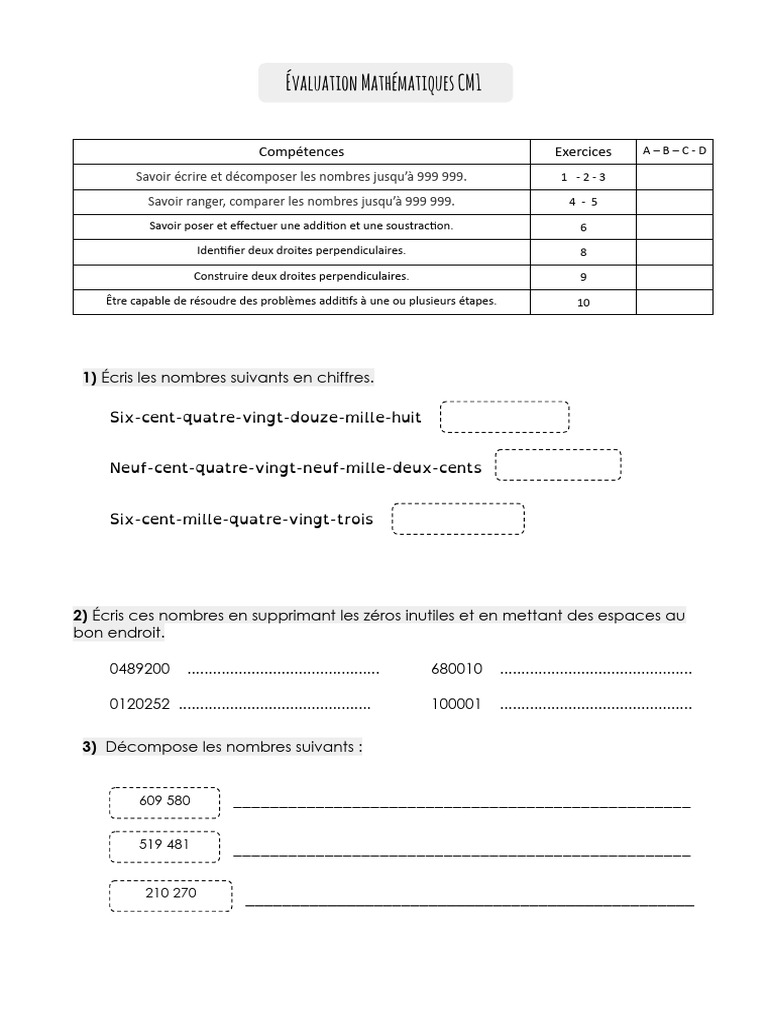 Evaluation Math P1 CM1 CM2 | PDF