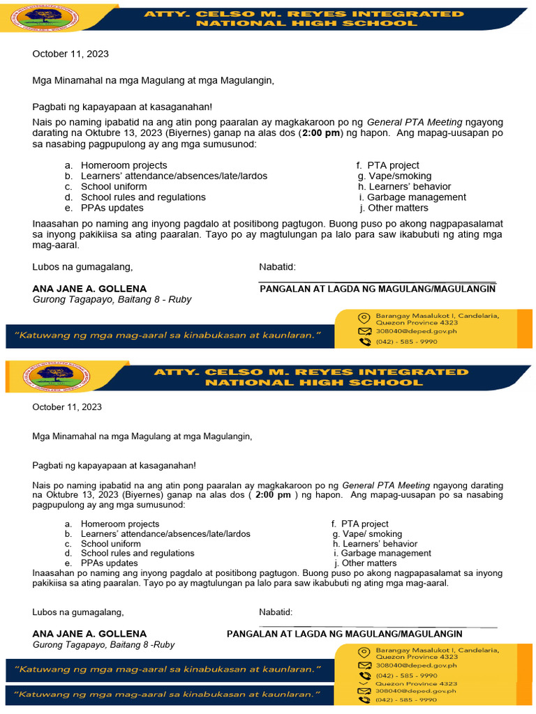 General Pta Meeting Letter | PDF