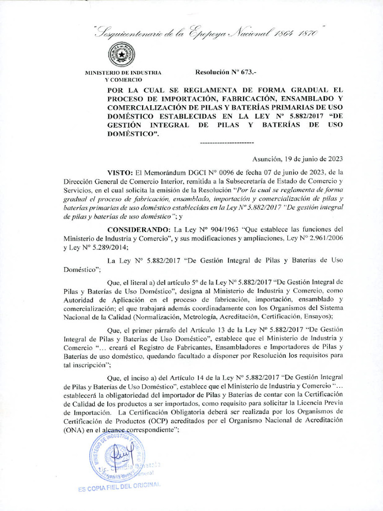 Res. Mic #673-2023 - Pilas y Baterias de Uso Domestico | PDF
