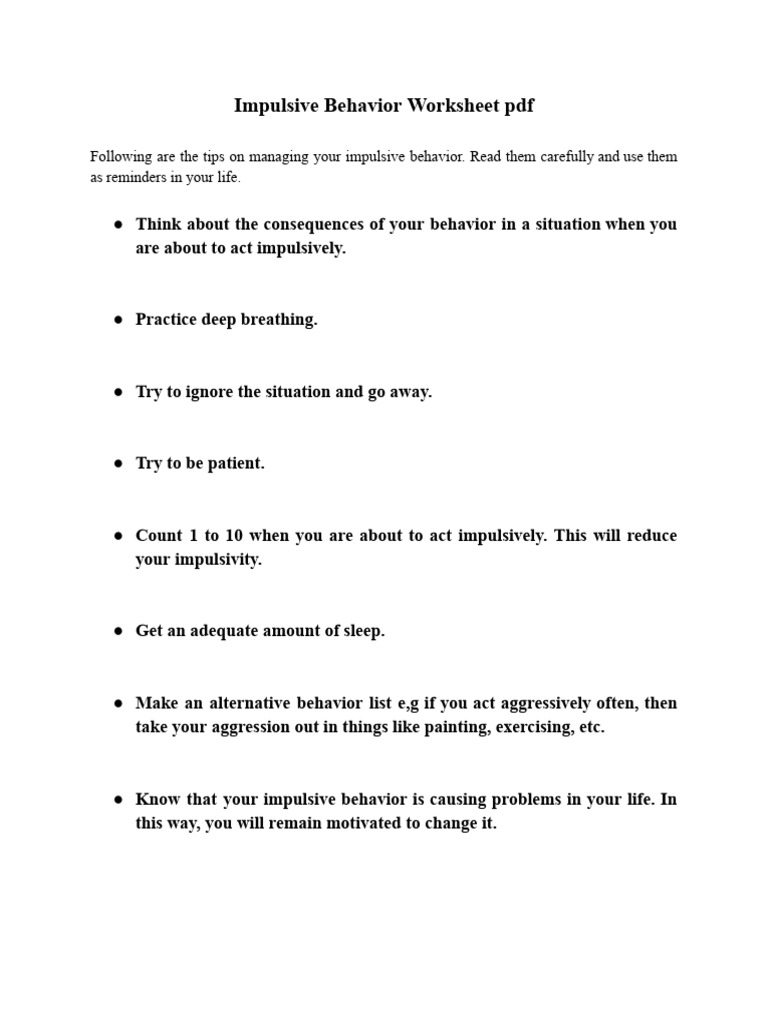 Impulsive Behavior Worksheet | PDF