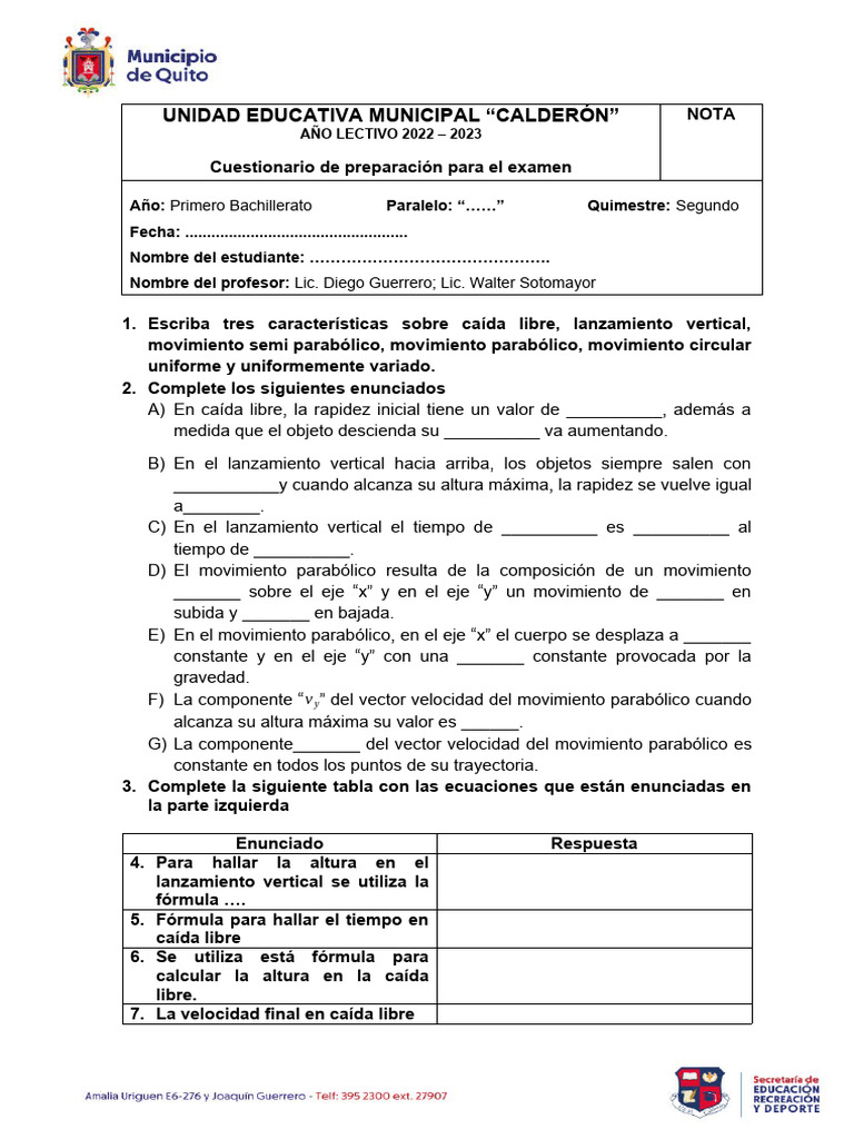 Cuestionario 1ro BGU | PDF