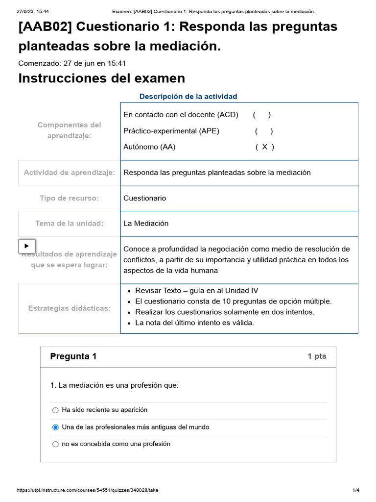 Examen_ [AAB02] Cuestionario 1_ Responda las preguntas planteadas sobre la mediación_ | PDF
