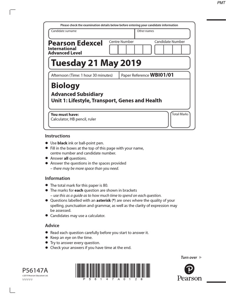 June 2019 (IAL) QP - Unit 1 Edexcel Biology A-Level | PDF ...