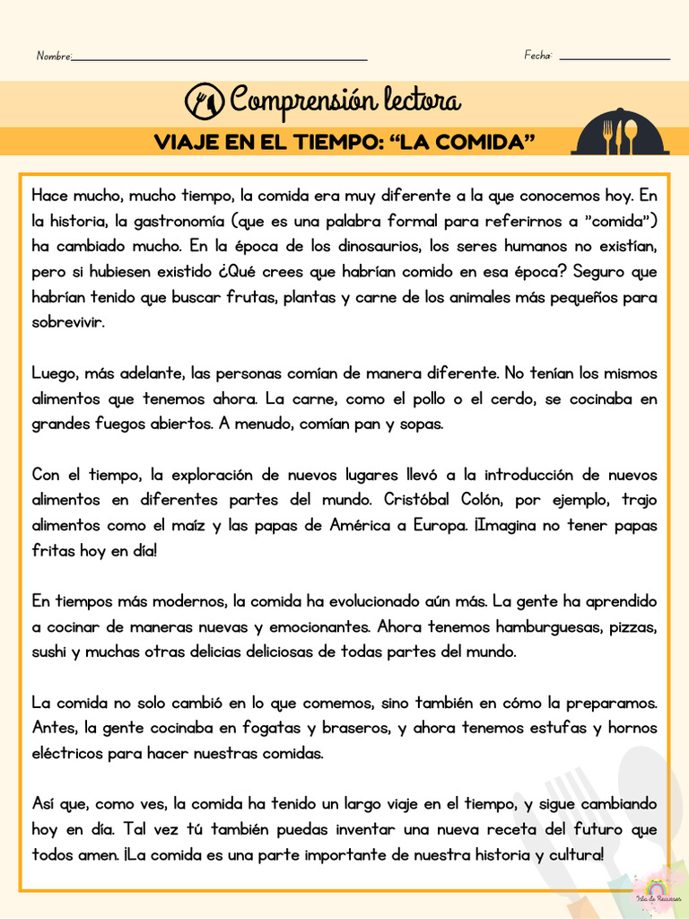 Comprensión Lectora: Viaje en El Tiempo: "La Comida" | PDF