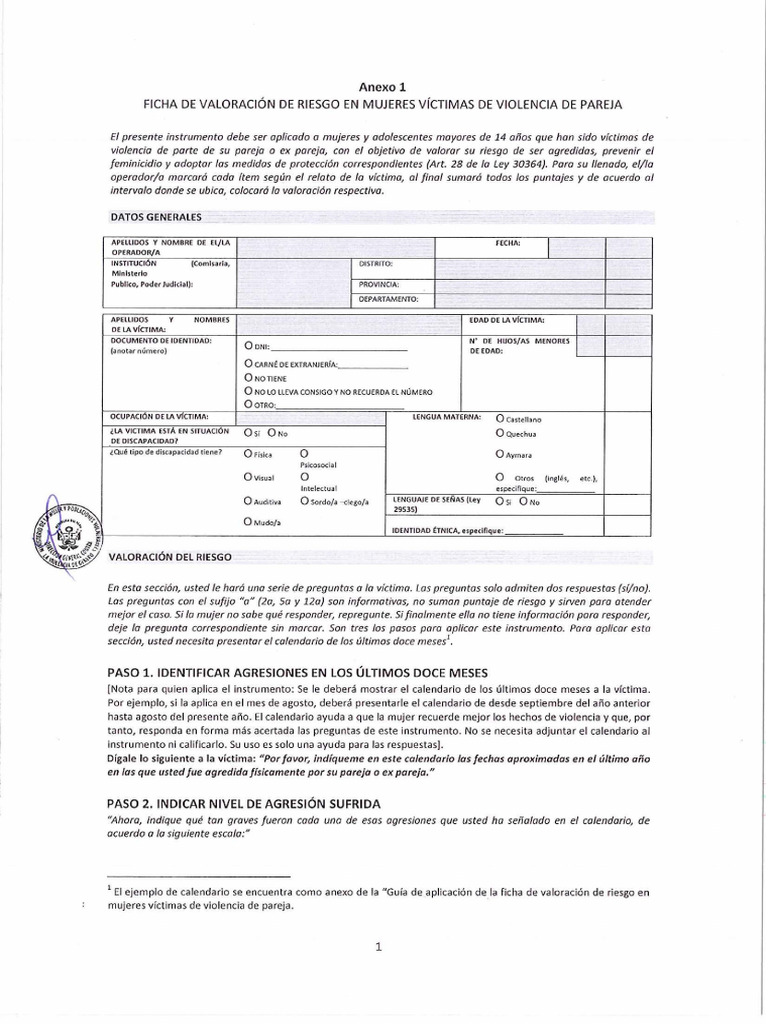 Ficha de Valoración DeRiesgo en Mujeres Víctimas de Violencia de Pareja LP (1) (1) | PDF