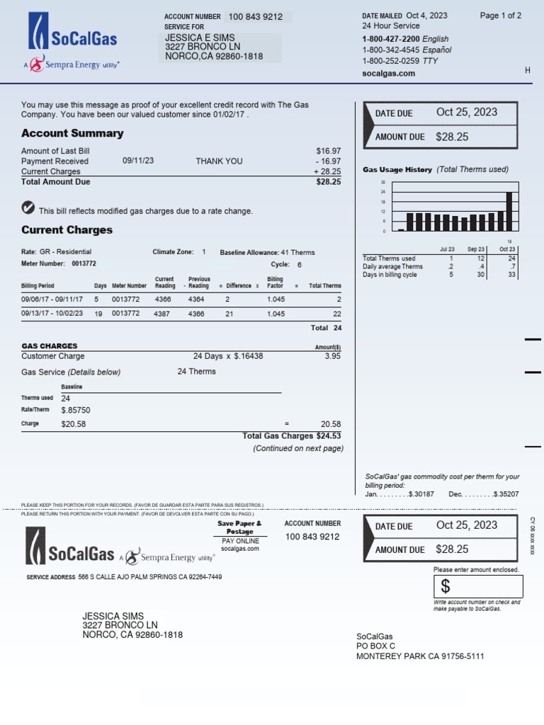 SoCalGas Billing Statement Summary | PDF