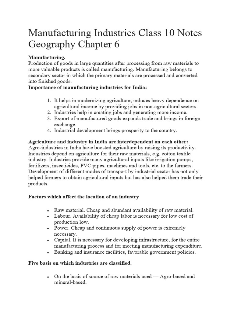 Manufacturing Industries Class 10 Notes Geography Chapter 6 | PDF ...