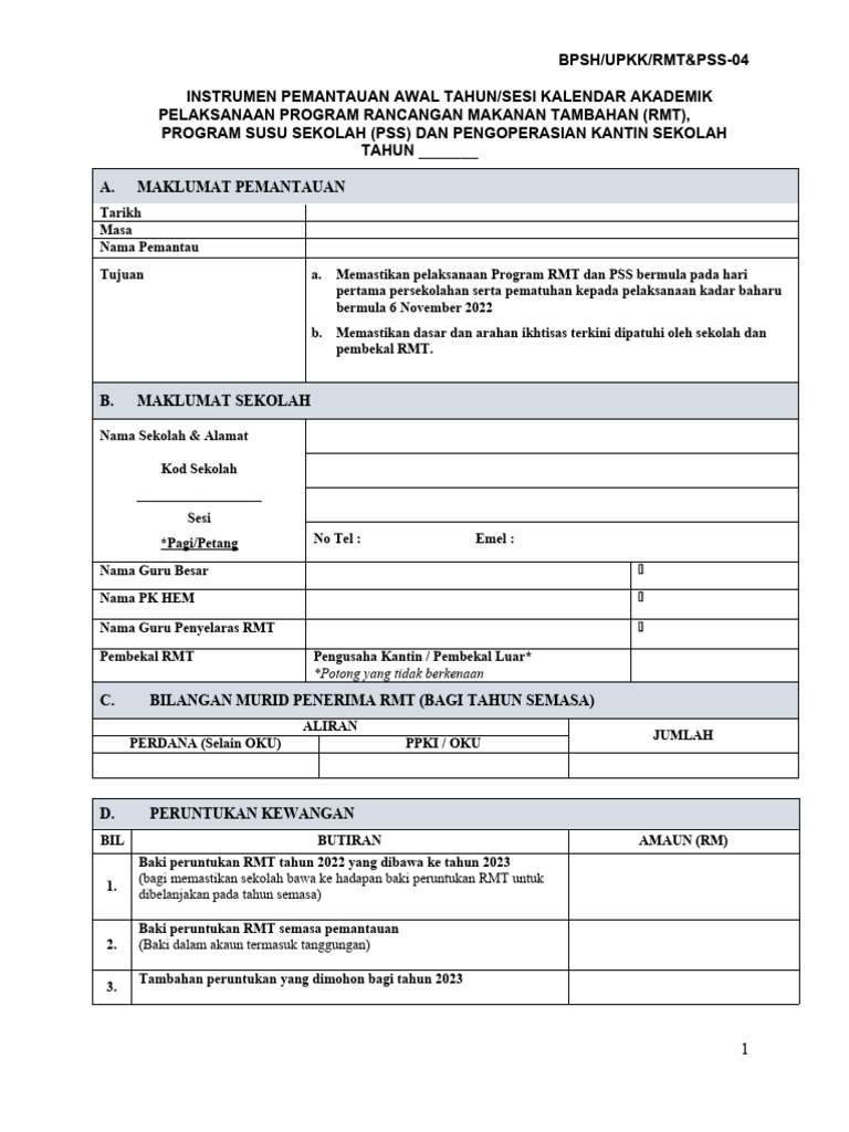 Instrumen Pemantauan Awal Tahun-Kalendar Akademik RMT PSS Kantin Revised 16 Feb 2023 | PDF