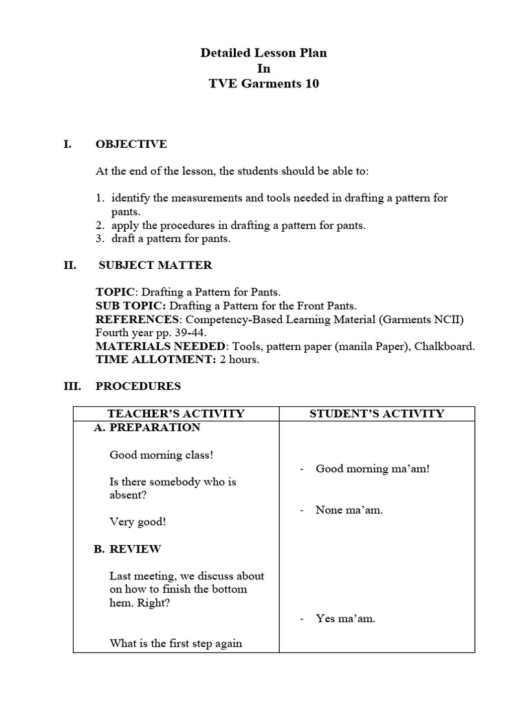 Detailed Lesson Plan in TVE Garments 10 | PDF