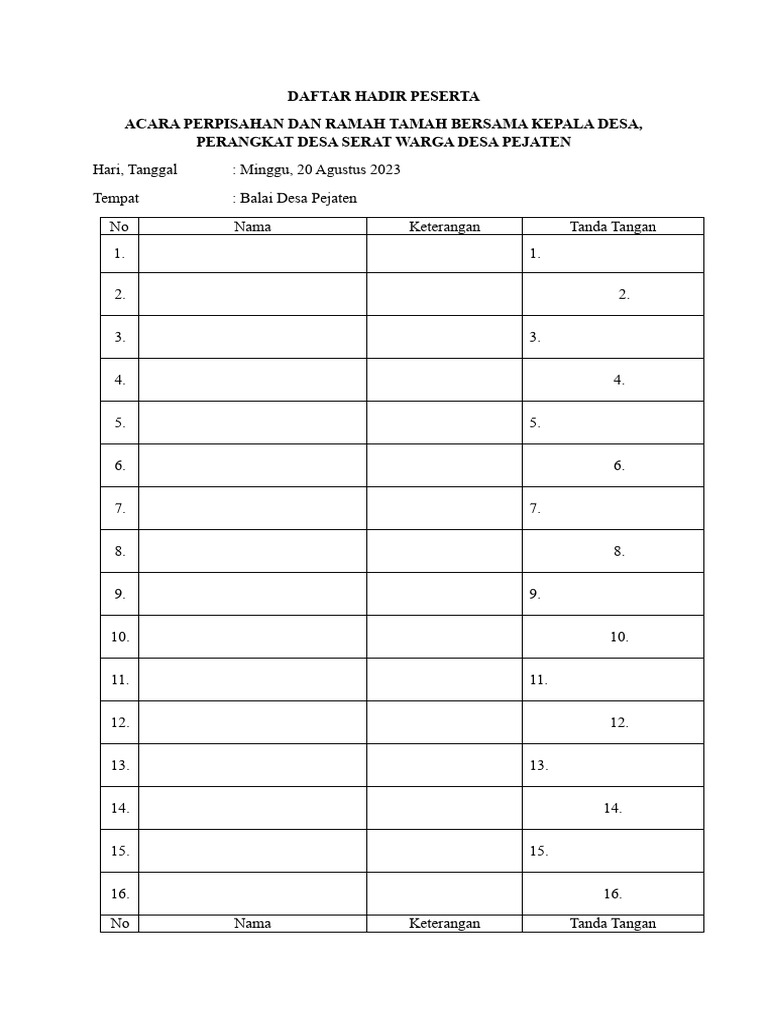 Daftar Hadir Peserta Acara Perpisahan | PDF