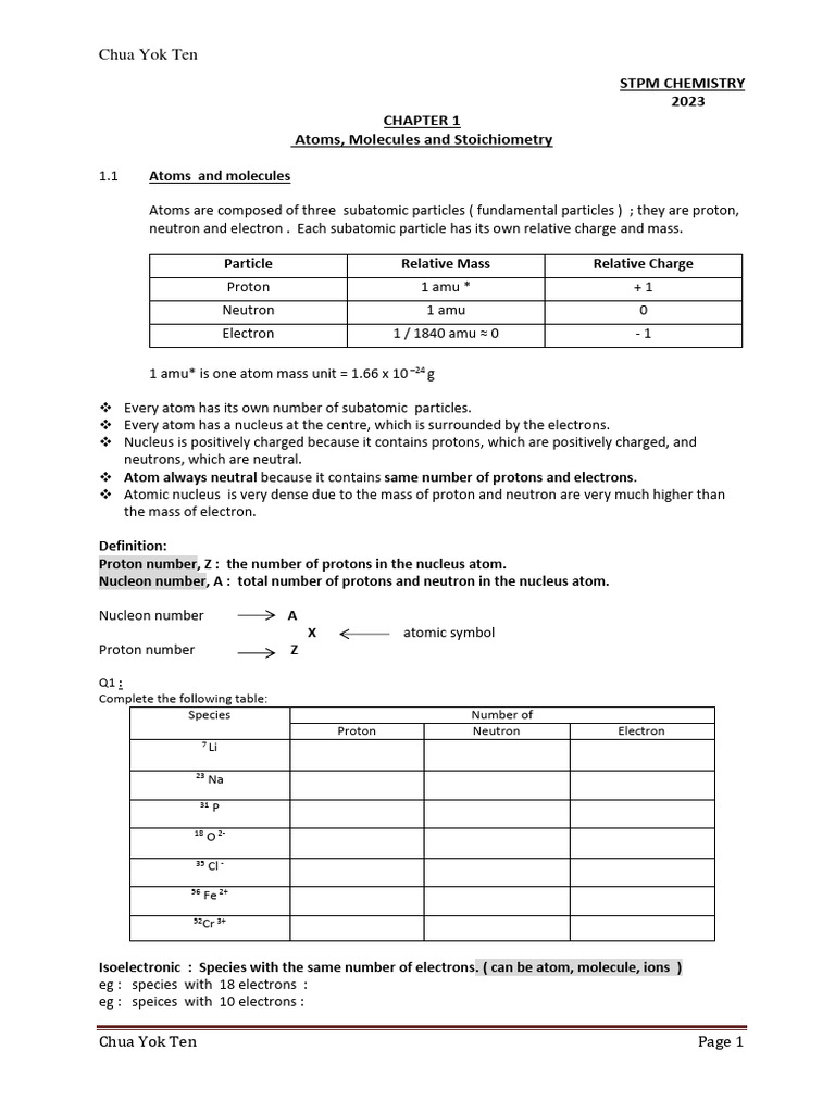 Atom, Molecule and Stoichiometry 2023 Online | PDF | Atomic Nucleus | Proton