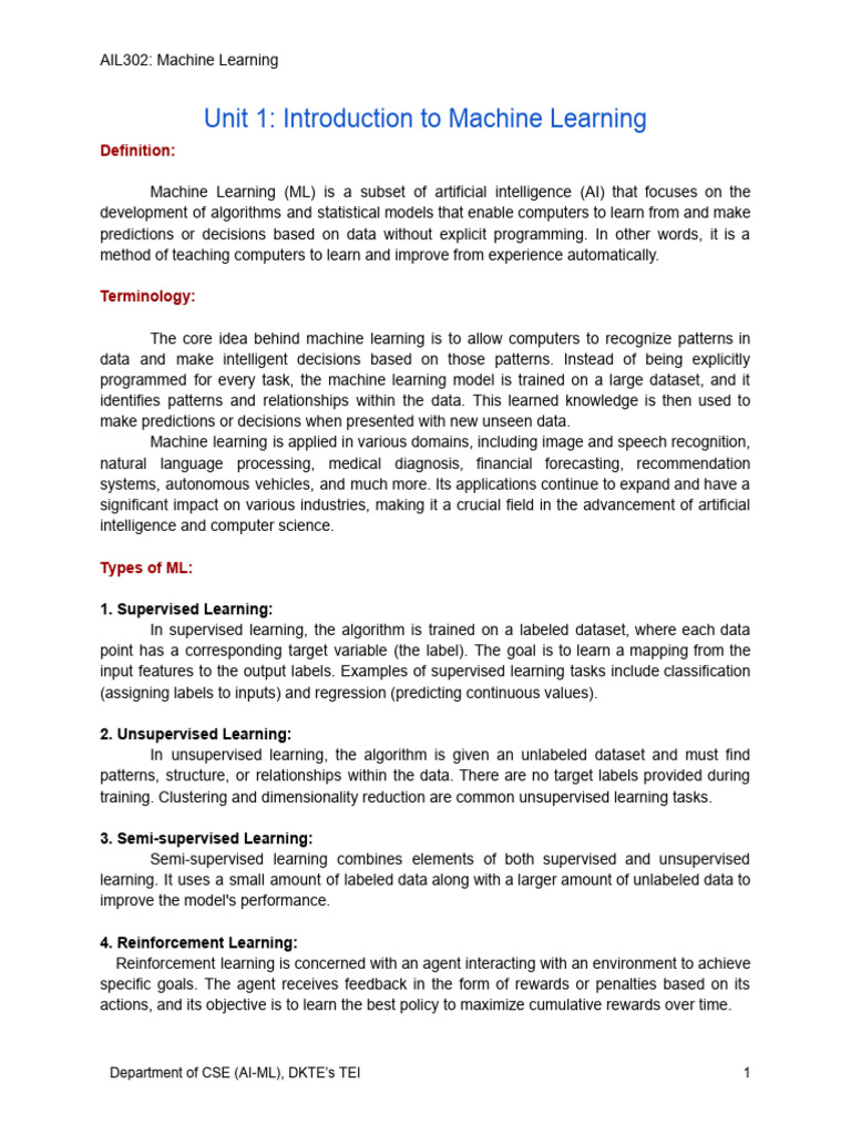 ML Notes Unit 1 | PDF