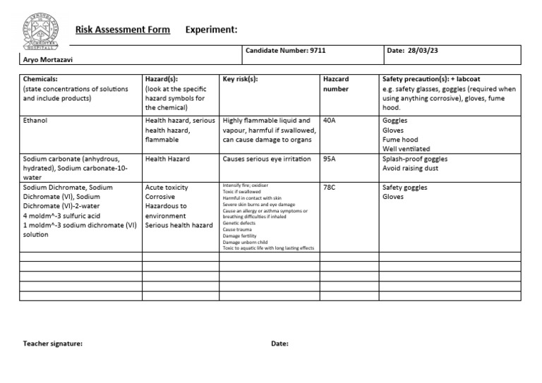 Risk Assessment Form | PDF | Hazards | Toxicity