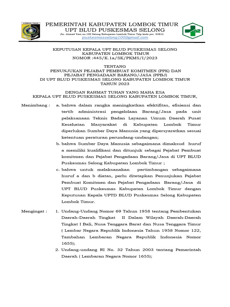 SK PPJB Dan PPK PKM Selong | PDF