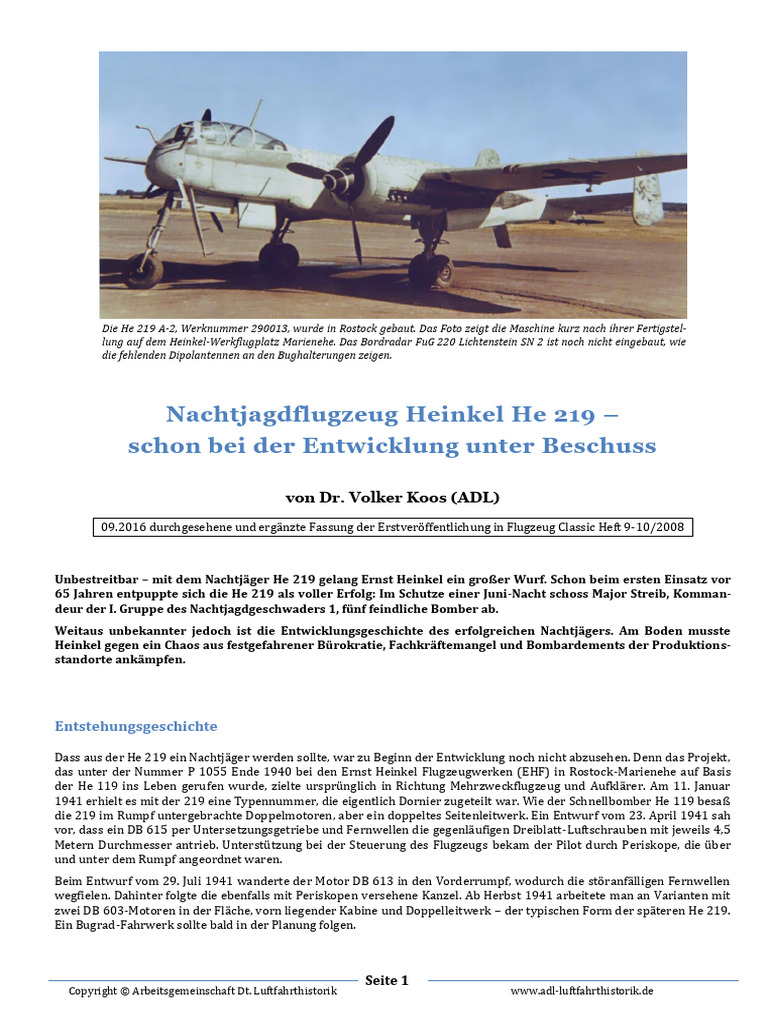 Heinkel He 219 Uhu Nachtjaeger He 419 | PDF