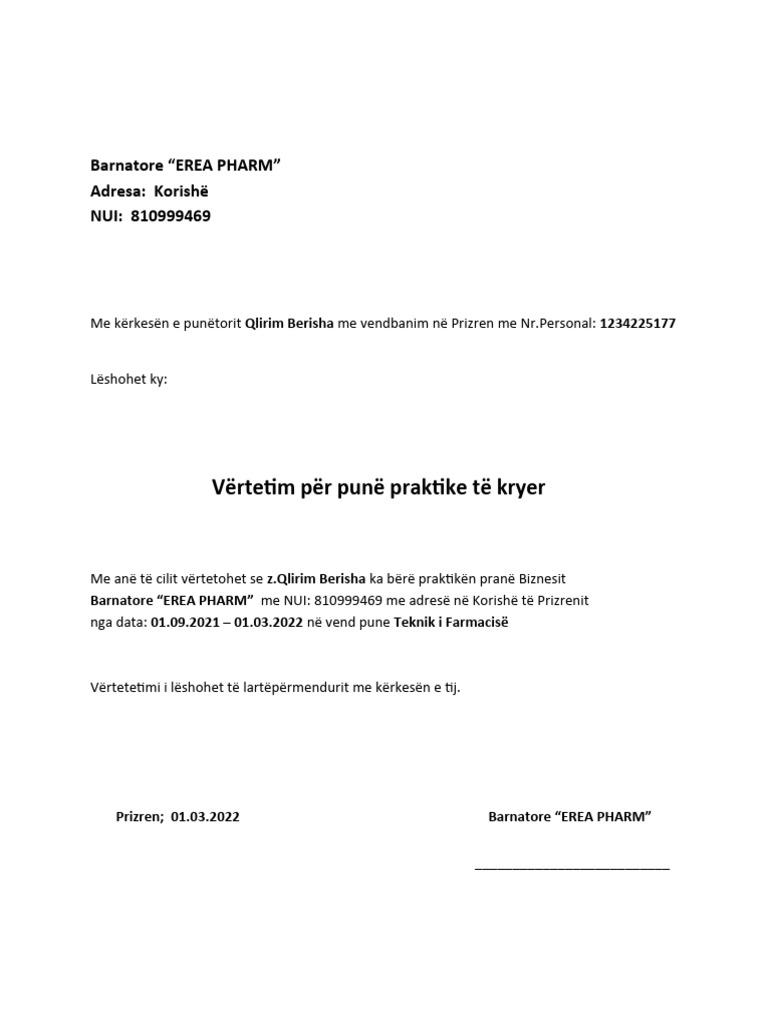 Erea Pharm - Vertetim Pune Praktike | PDF