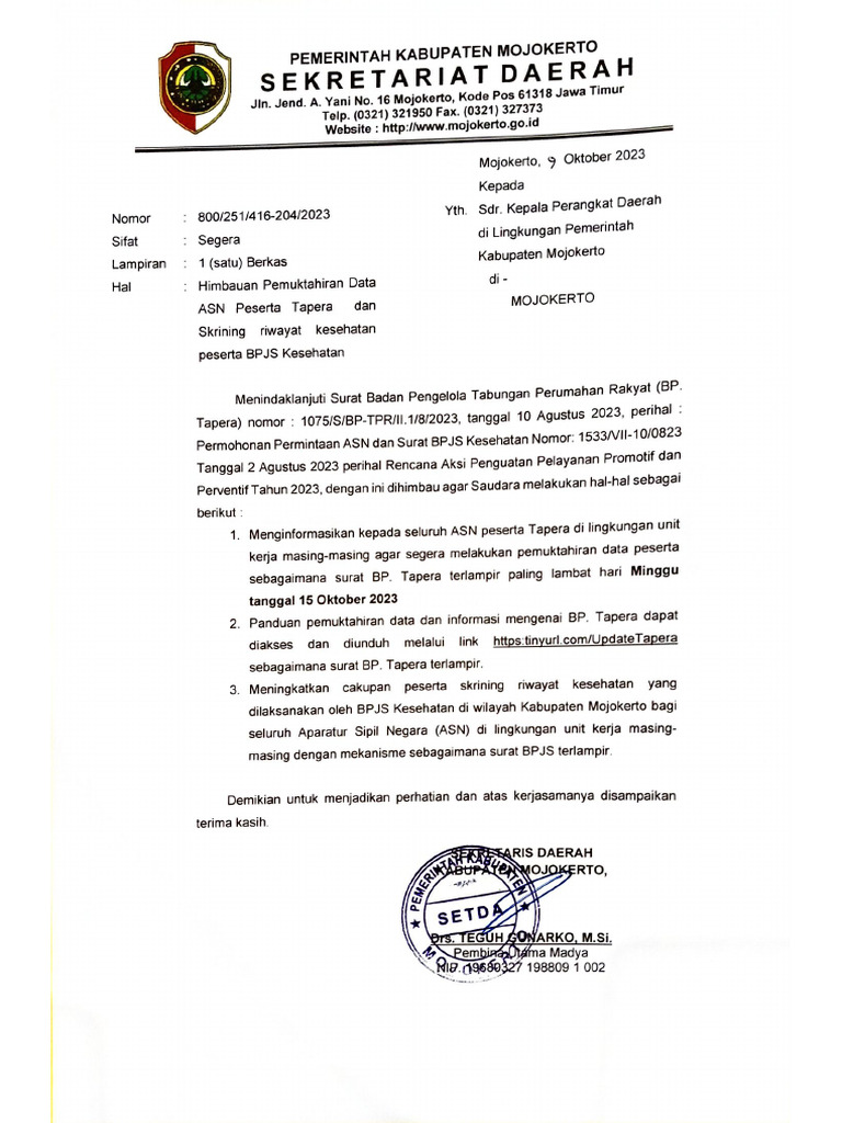 0.surat Himbauan Pemuktahiran Data Peserta Tapera Dan Krining Bpjs Kesehatan | PDF