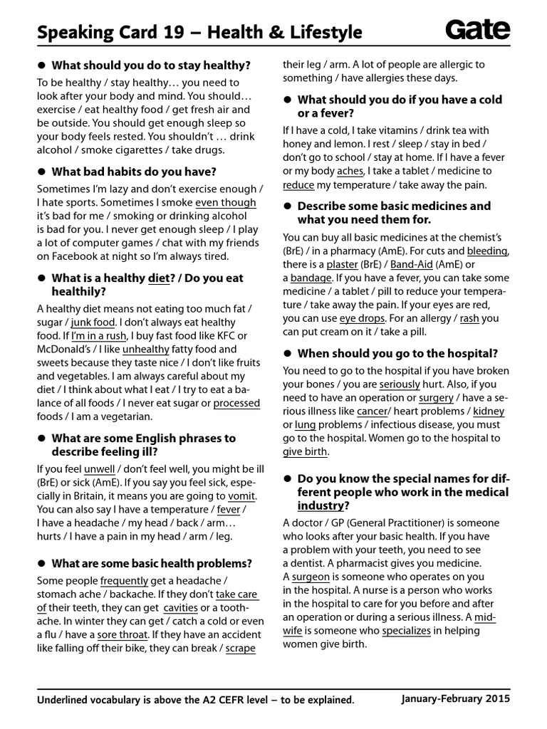 Speaking Card 19 - Health & Lifestyle | PDF