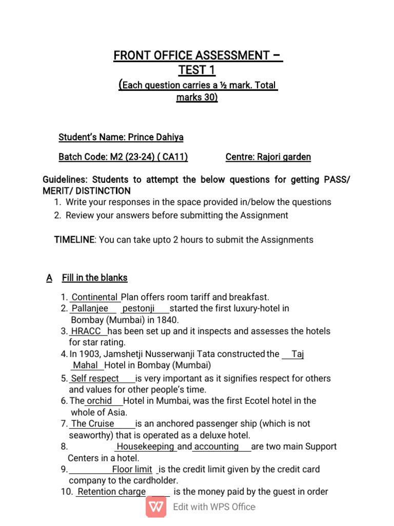 Front Office Assessment Test | PDF