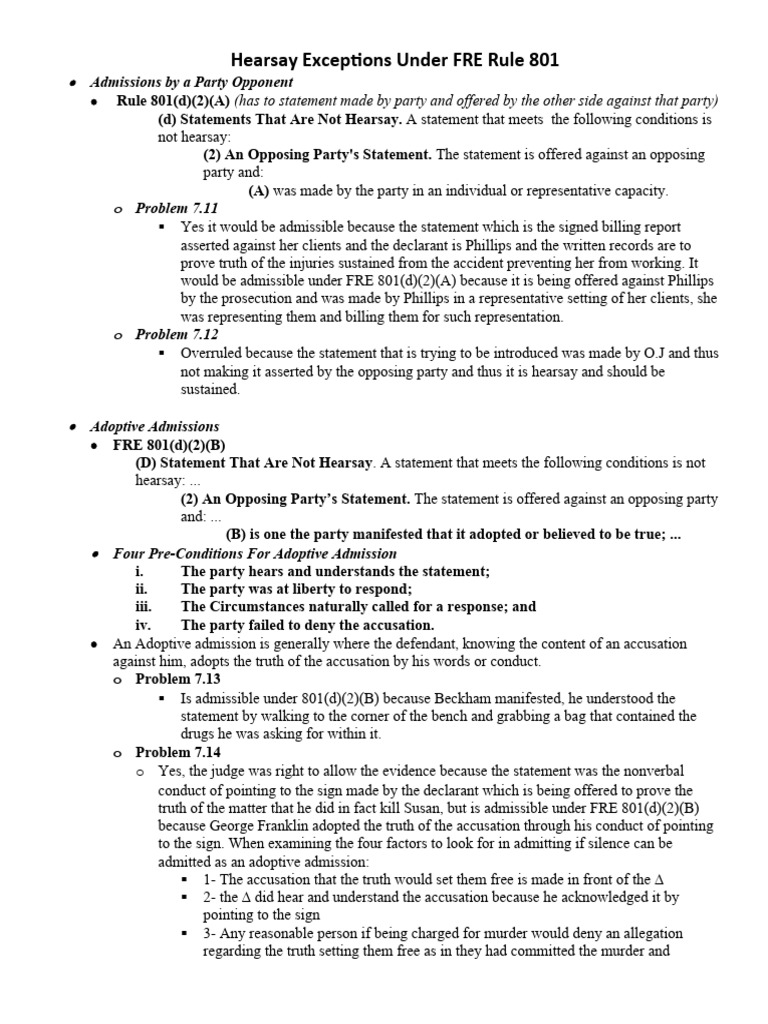 Hearsay Exceptions Under FRE 801 | PDF | Hearsay | Hearsay In United ...
