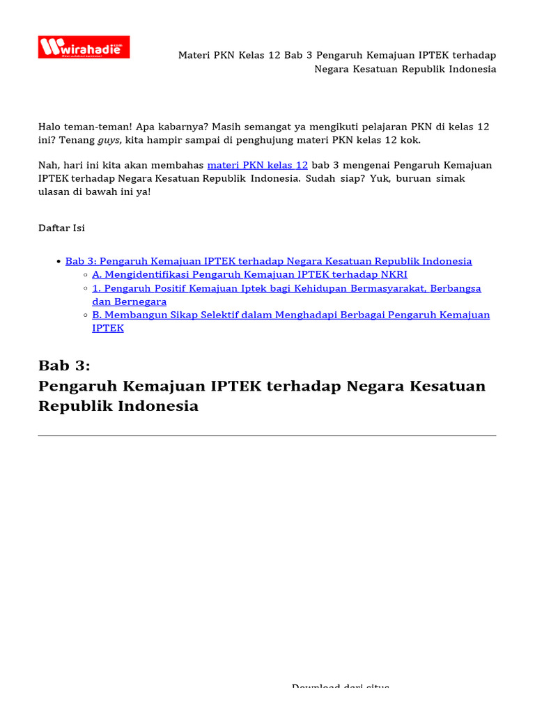 Materi PKN Kelas 12 Bab 3 Pengaruh Kemajuan IPTEK Terhadap Negara Kesatuan Republik Indonesia | PDF
