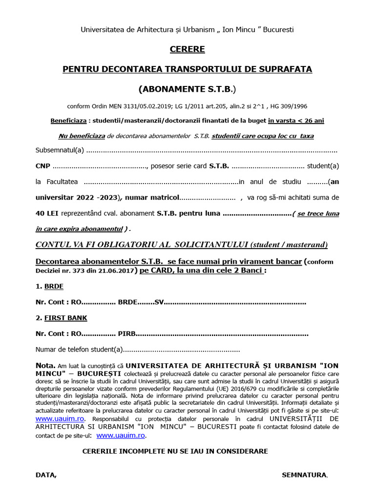 Cerere Decontare Transport Suprafata 2022-2023 | PDF