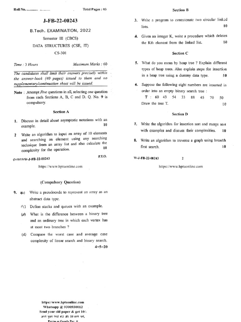 Btech Cs It 3 Sem Data Structures J FB 22 00243 2022 | PDF