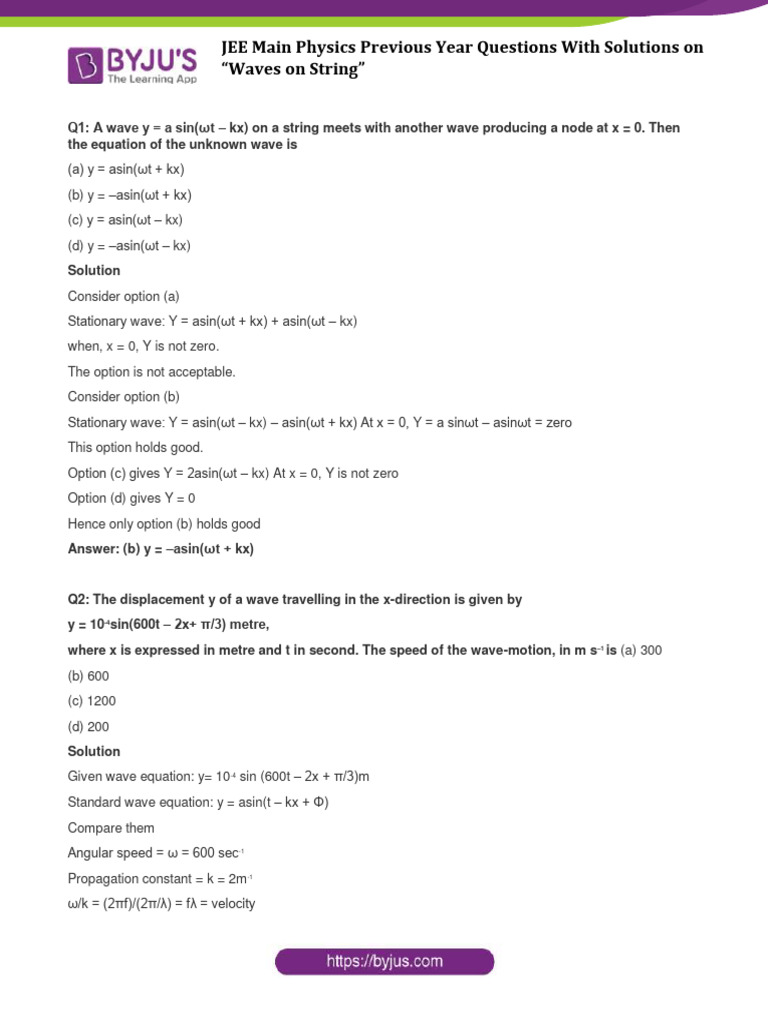 JEE Main Physics Previous Year Questions With Solutions On Waves On ...