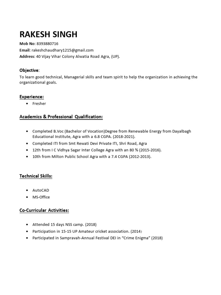 Rakesh Singh's Resume: Fresh Graduate | PDF