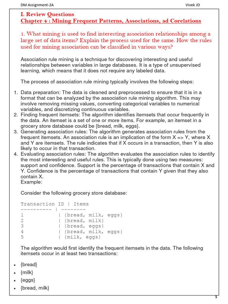 I. Review Questions Chapter 4: Mining Frequent Patterns, Associations, Ad Corelations | PDF ...