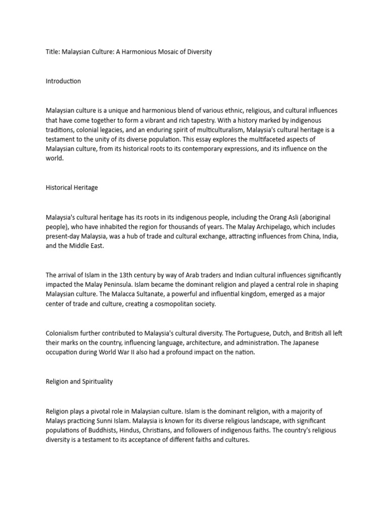 7 Malaysian Cultur A Harmonious Mosaic Of Diversity Pdf Malaysia