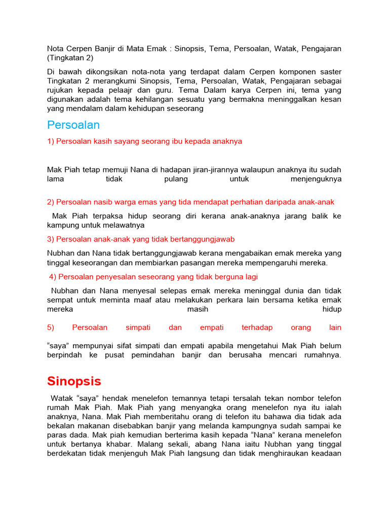 Nota Cerpen Banjir Di Mata Emak | PDF