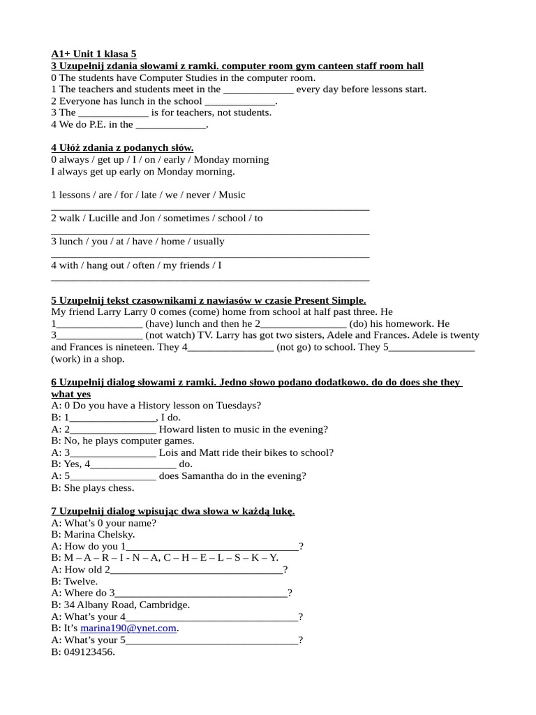 A1+ Unit 1 Klasa5 | PDF