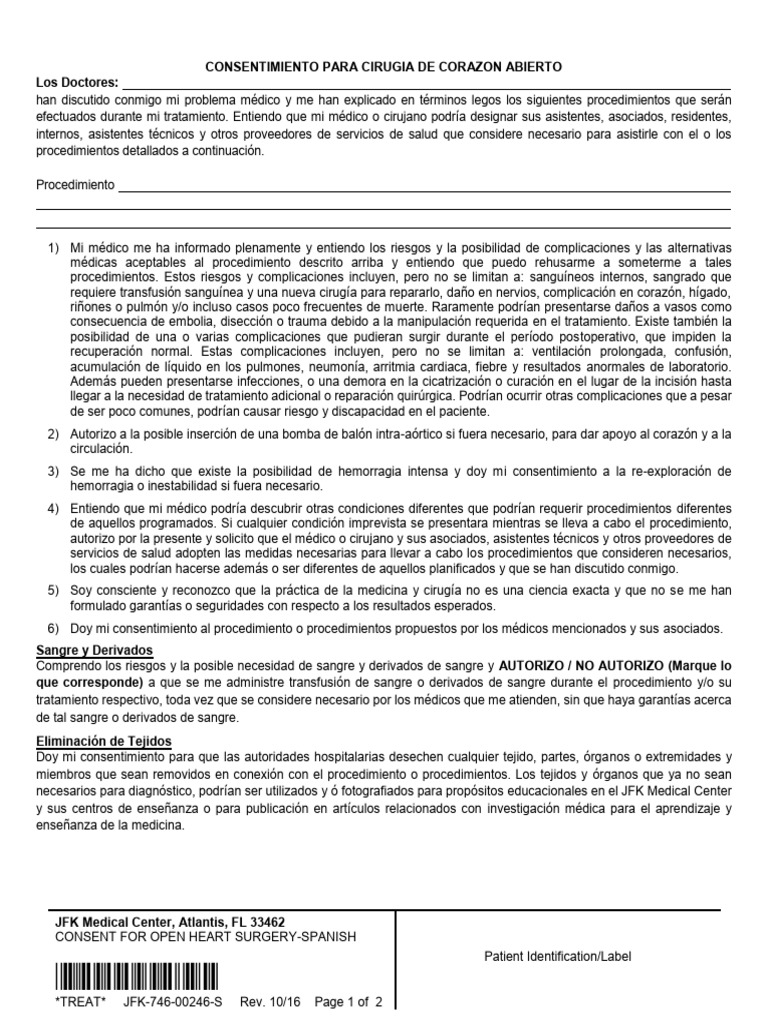 Consent For Open Heart Surgery Spanish | PDF | Cirugía | Medicina