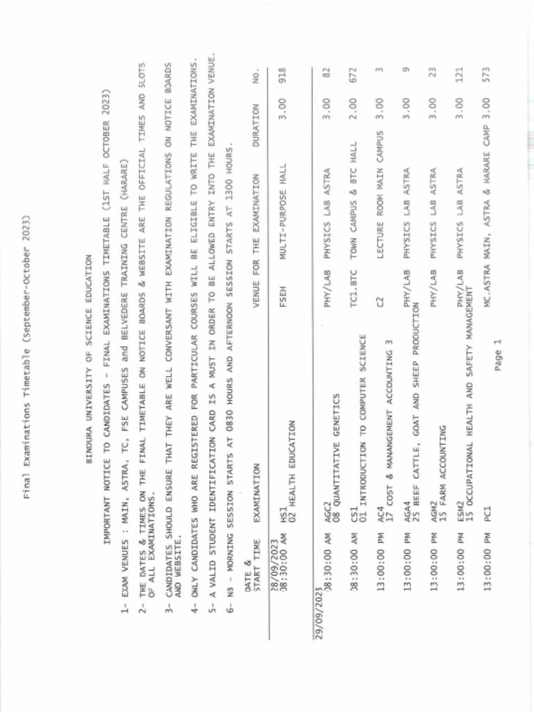 1st Half Semester Timetable Sept-Oct 2023 | PDF