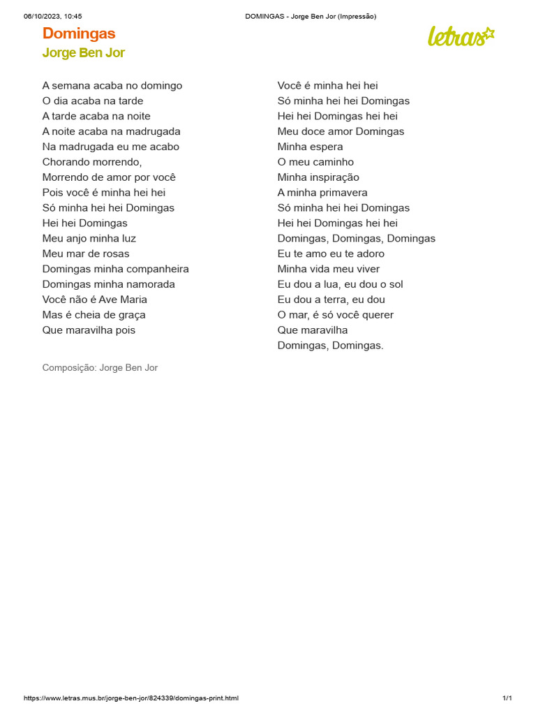 DOMINGAS - Jorge Ben Jor (Impressão) | PDF