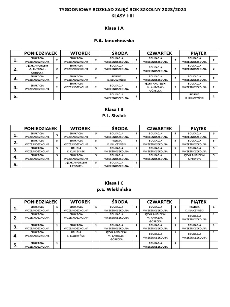Tygodniowy Rozklad Zajec 2023 2024 | PDF