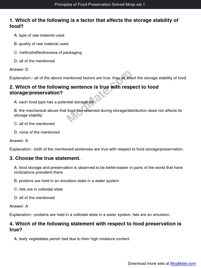 Principles of Food Preservation Solved Mcqs Set 1 | PDF
