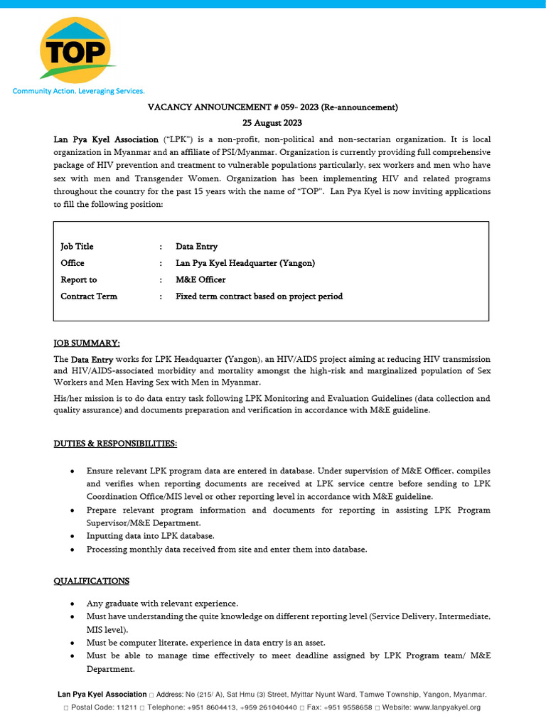 059 2023 - Announcement For Data Entry Yangon LPK - Re-Announcement | PDF | Career & Growth ...
