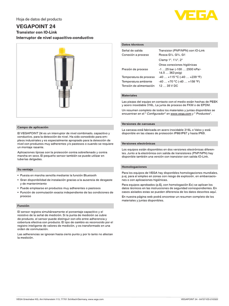 ES Data Sheet VEGAPOINT 24 Transistor Con IO Link Interruptor de Nivel ...
