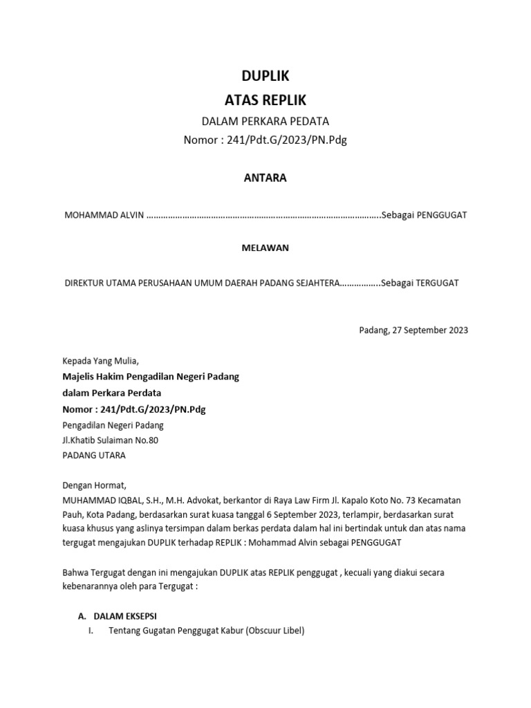 DUPLIK Perdata | PDF