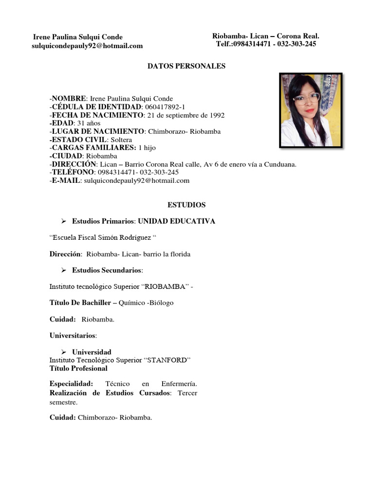Hoja de Vida Irene Sulqui... C. | PDF | Crecimiento personal y ...