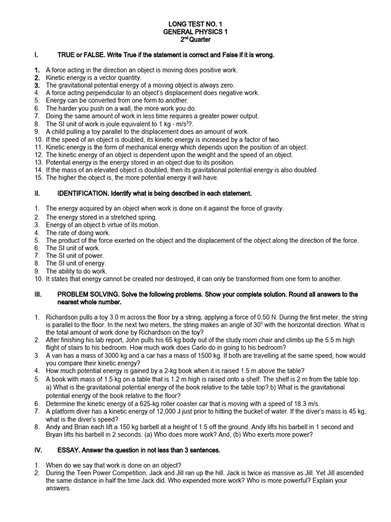 Long Test Work Power Energy | PDF | Potential Energy | Force